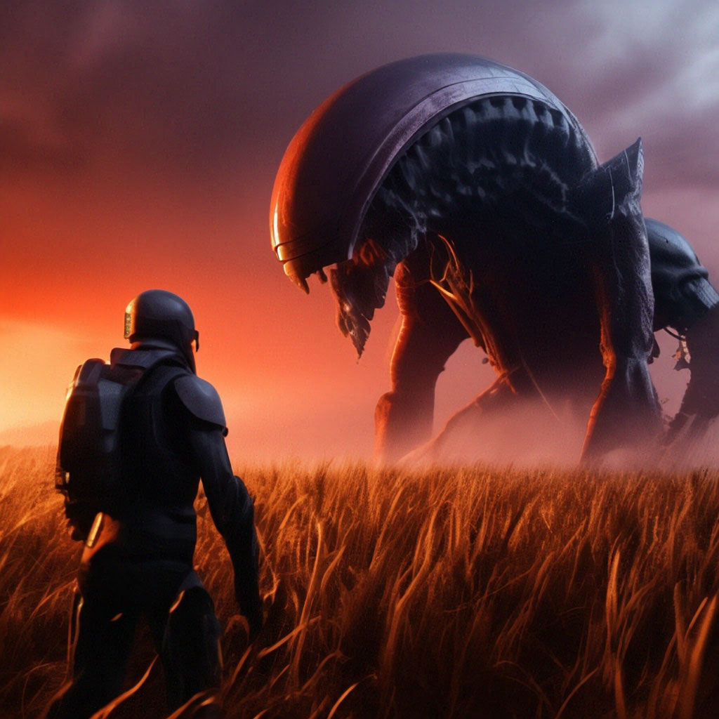 "A starship trooper on a distant planet, a field, ears of corn, a ...
