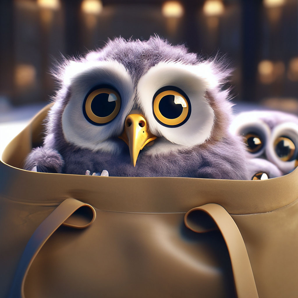 "Inside the bag are fluffy cute owls, big eyes, 4k, high resolution ...