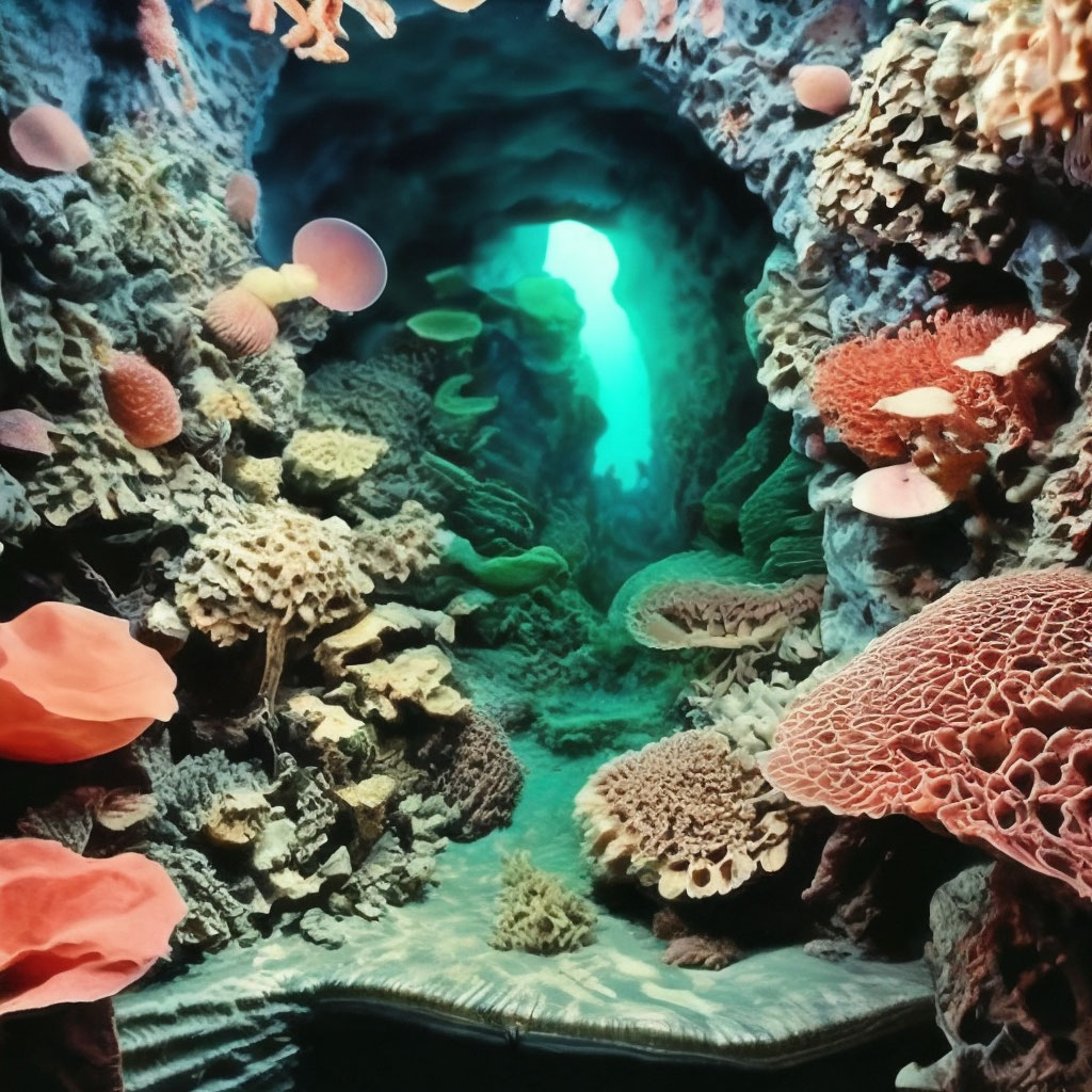 "An unusual dark grotto inside a mythical oceanic reef of corals and ...