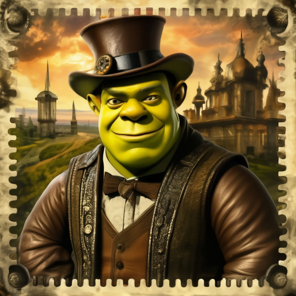 "California Shrek Stamps" — image created in Shedevrum