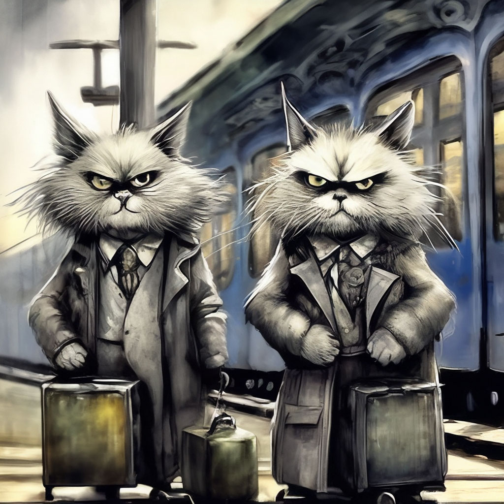 "At the train station, two large yard evil scraggly, gloomy, hungover ...