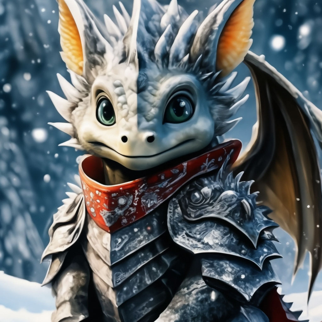 "Watercolor, Cute dragon defender, overdetalization, clarity, snow ...