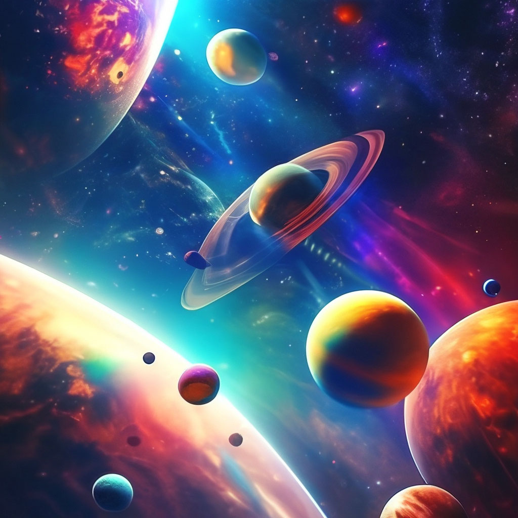 "Beautiful space, bright colors and planets, realistic, professional ...