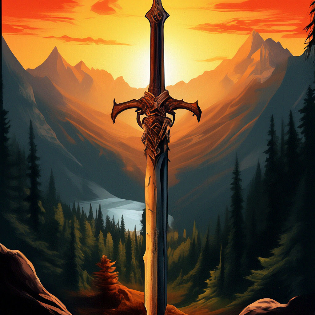 "Sword at sunset on the background of …" — image created in Shedevrum