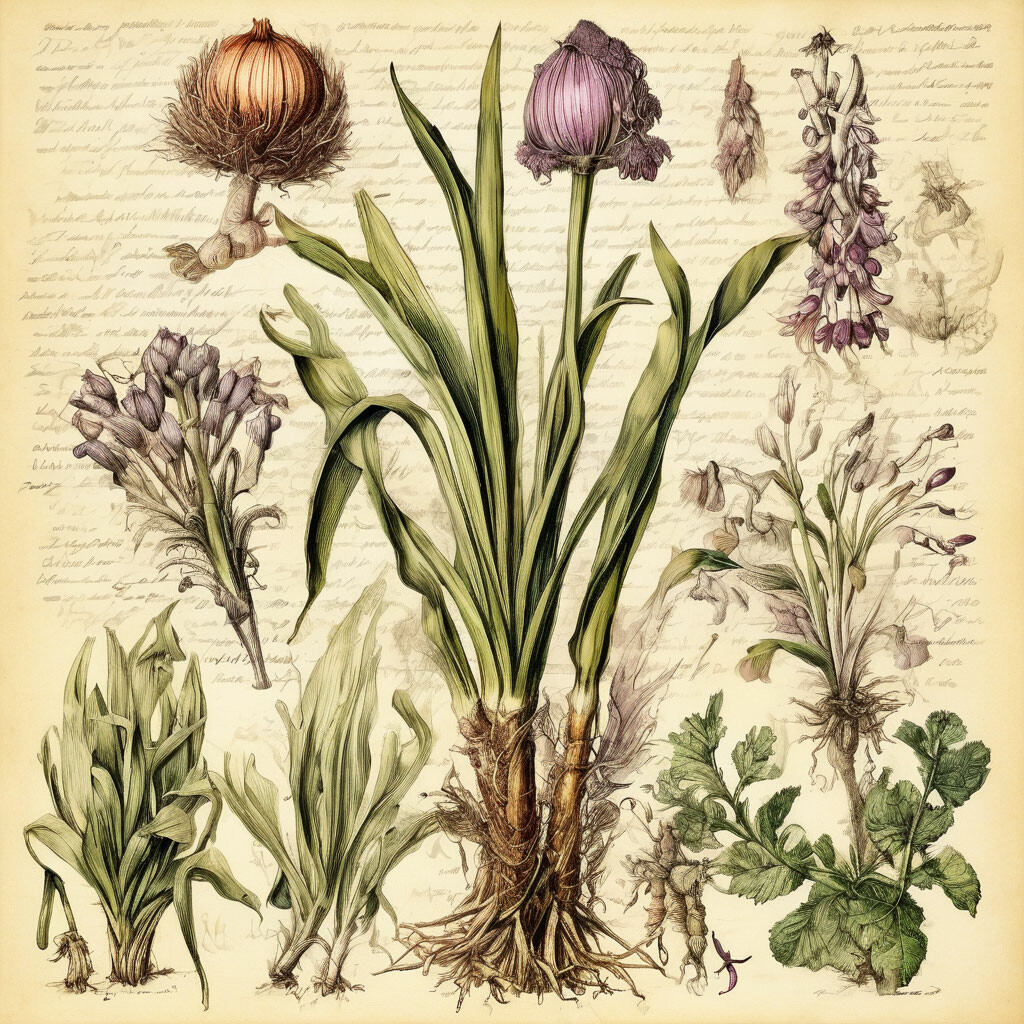 "Garlic, botanical book illustration, various parts of the plant ...