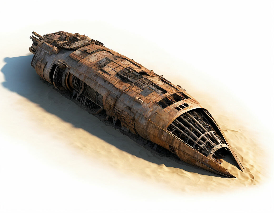 "The skeleton of a rusty spaceship sticking out of the sand half ...