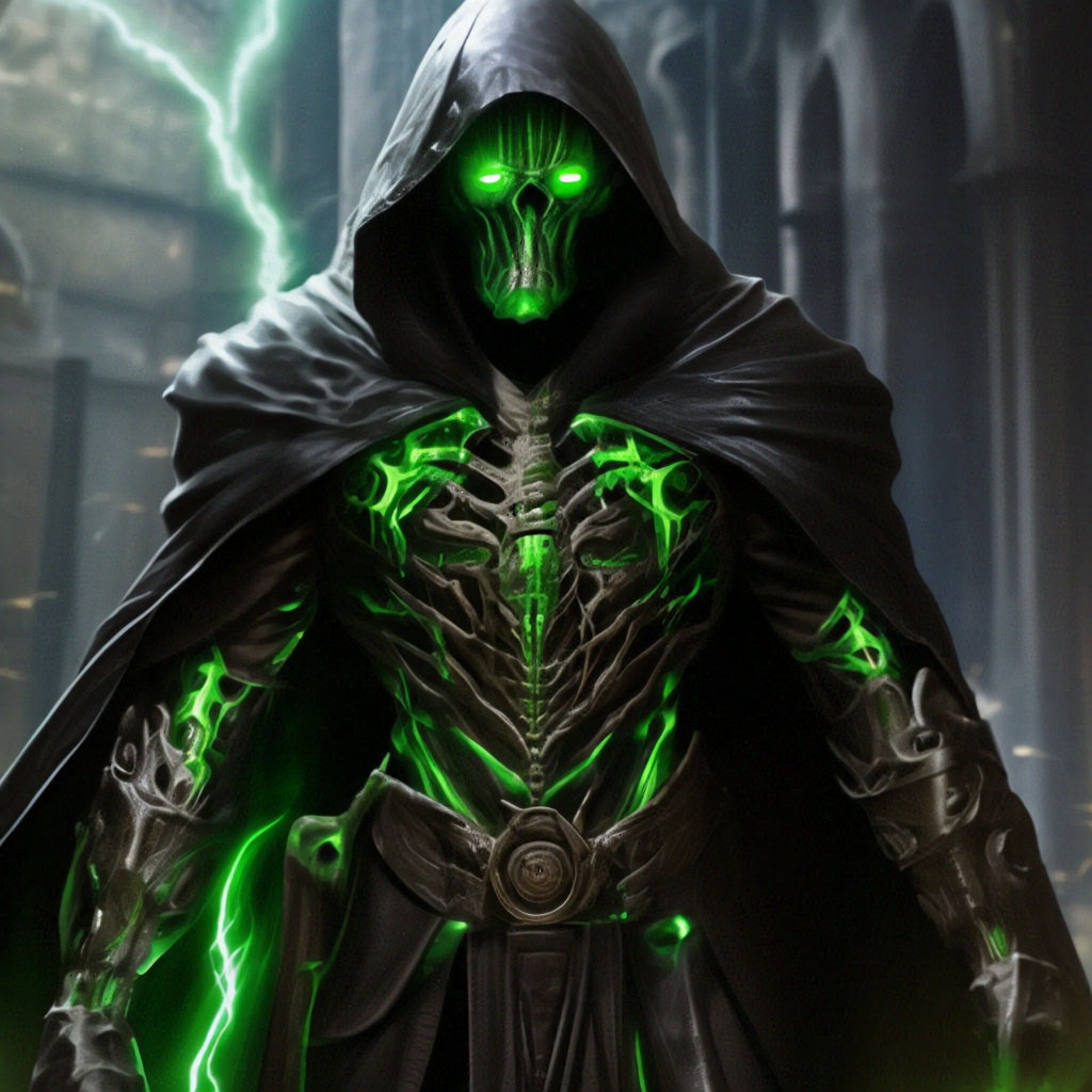 "Draw a hunchbacked steel skeleton with an indifferent face. Green ...