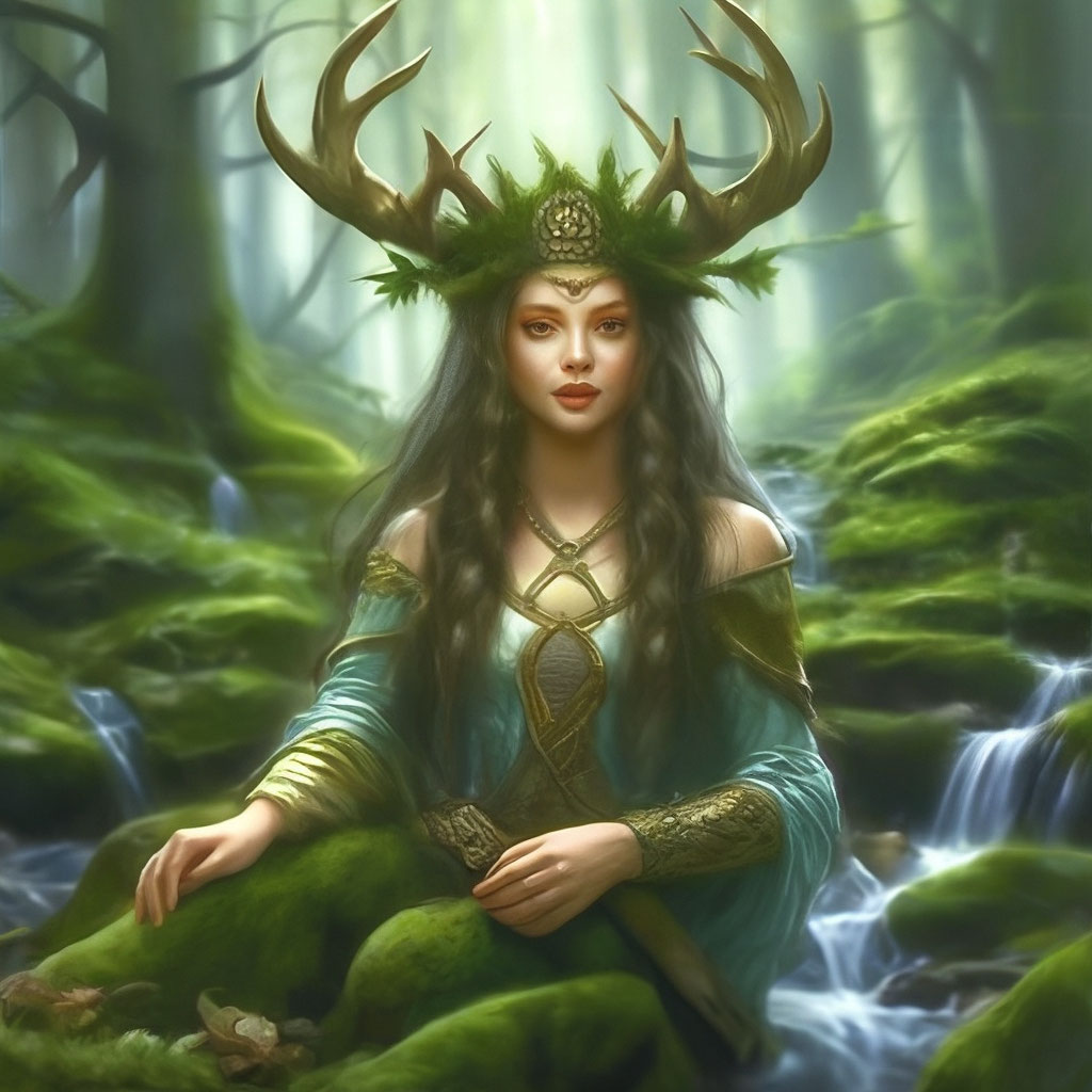 "Goddess Danu in the forest, dense moss forest, elves, nature, plot ...