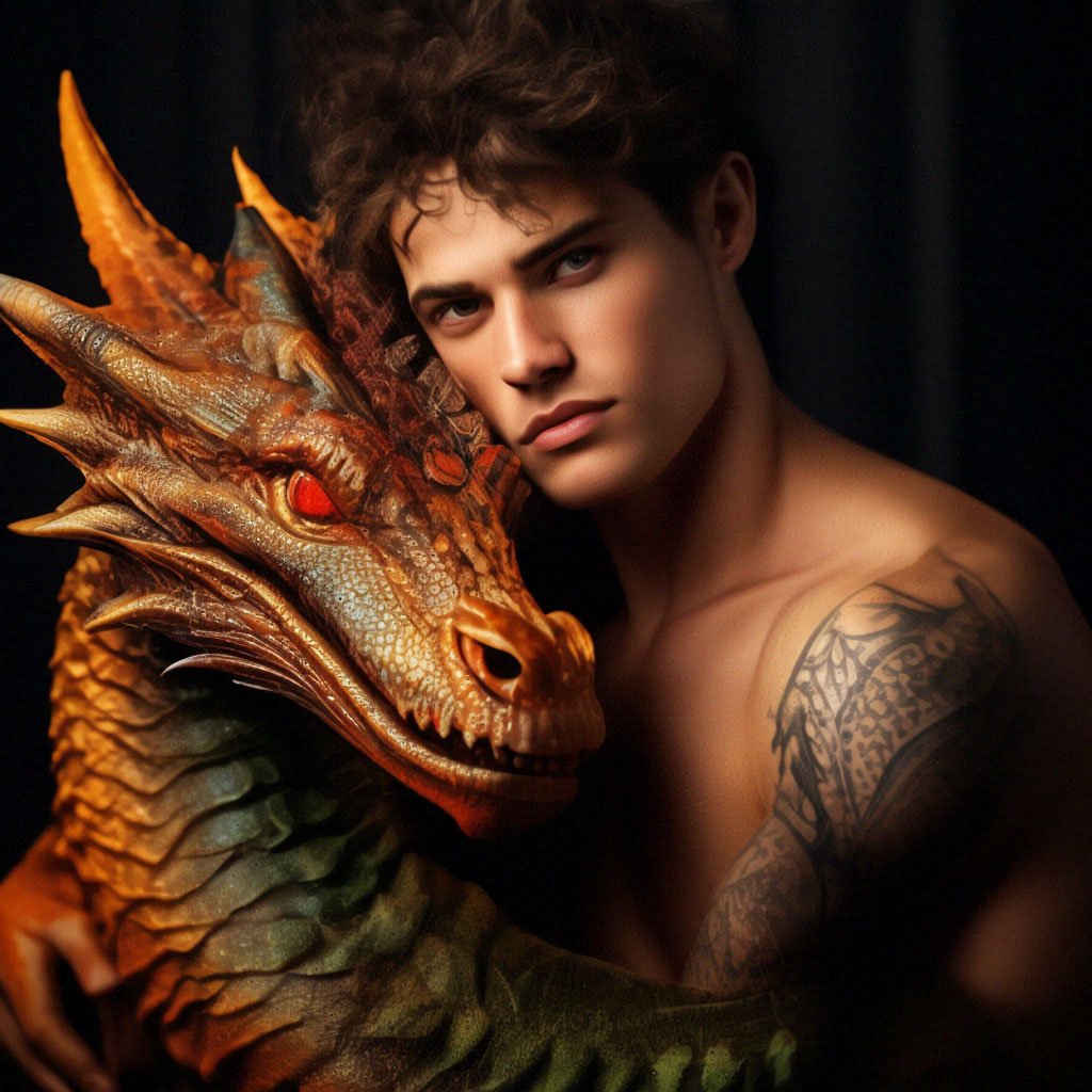 "Handsome guy and dragon, as realistic as possible, bright colors ...