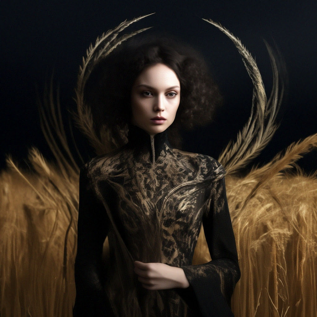 "Wheat+chemical thin line-swirls moon+botanical composition, woman ...