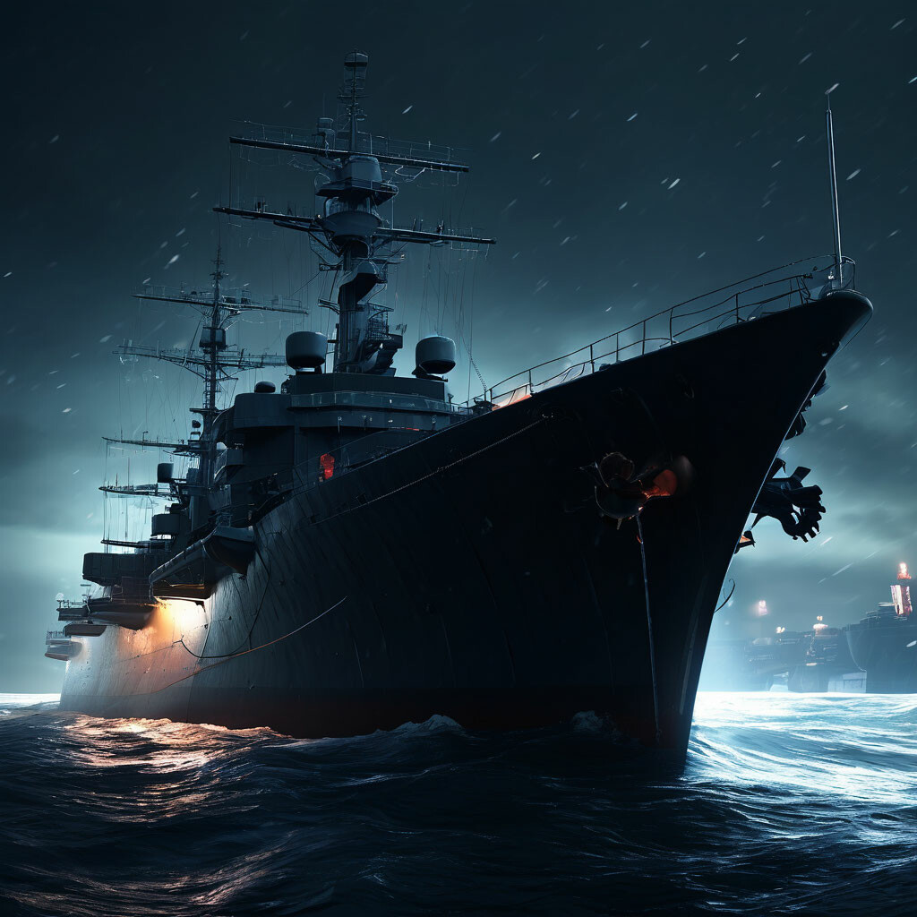 "A warship, a 19060 cruiser, at night, in a storm, 4 pipes. Hyperalism ...