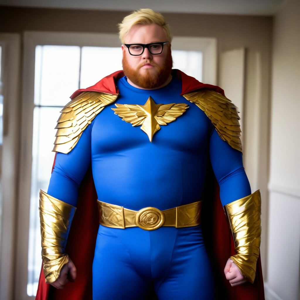 "A very fat dude, with blond hair, beard, glasses, curly hair, in a ...