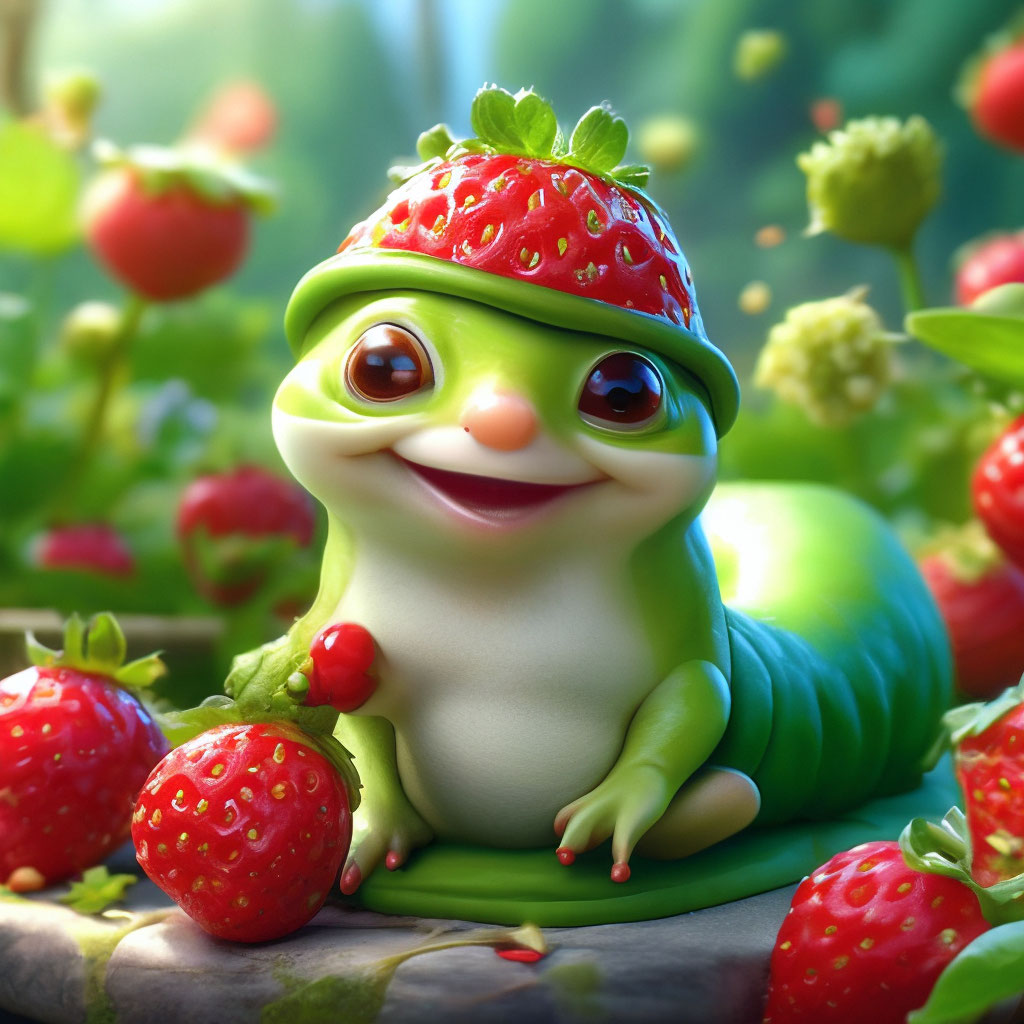 "Fantasy, an anthropomorphic green cute slug is sitting in a garden and ...