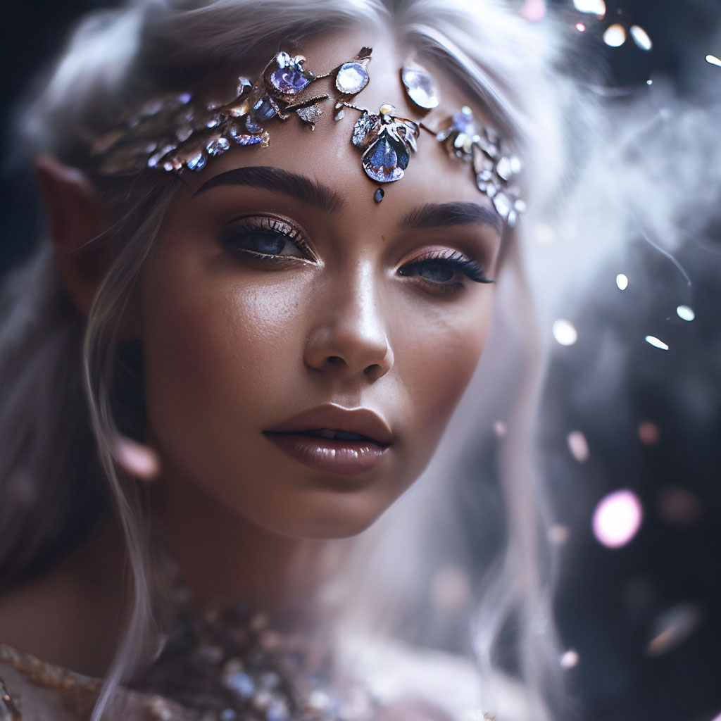 "A close-up of a beautiful aesthetic, the elf stands under a stream of ...