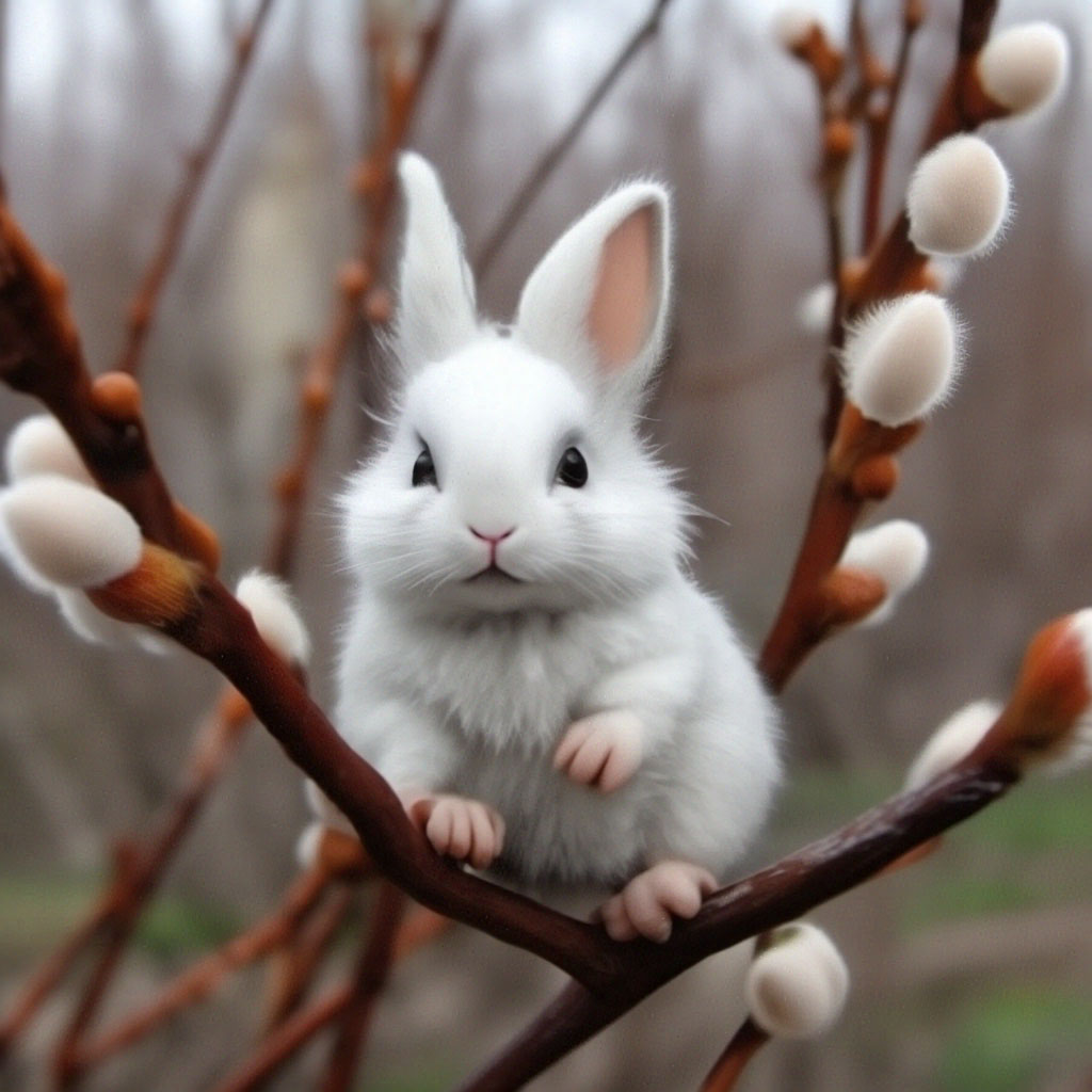 "Palm rabbits on a willow branch there are tiny round fluffy cute gray ...