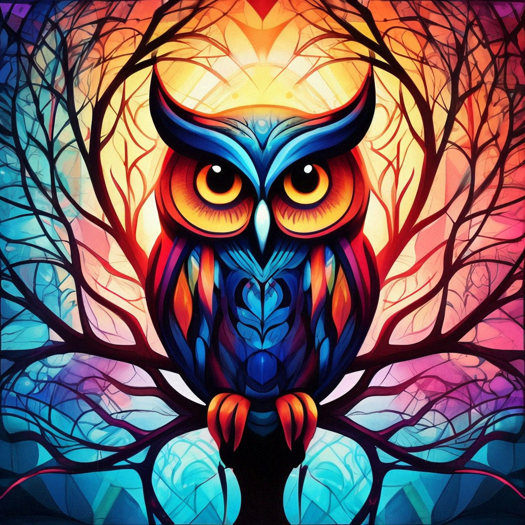 "ArtMix linear tree geometry, owl, colorful" — image created in Shedevrum
