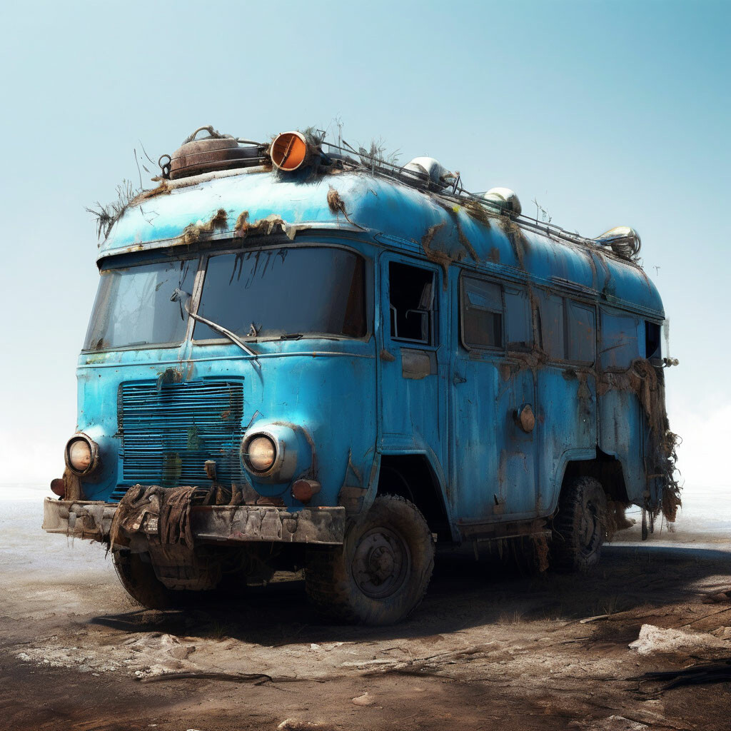 "The blue post-apocalyptic bus" — image created in Shedevrum