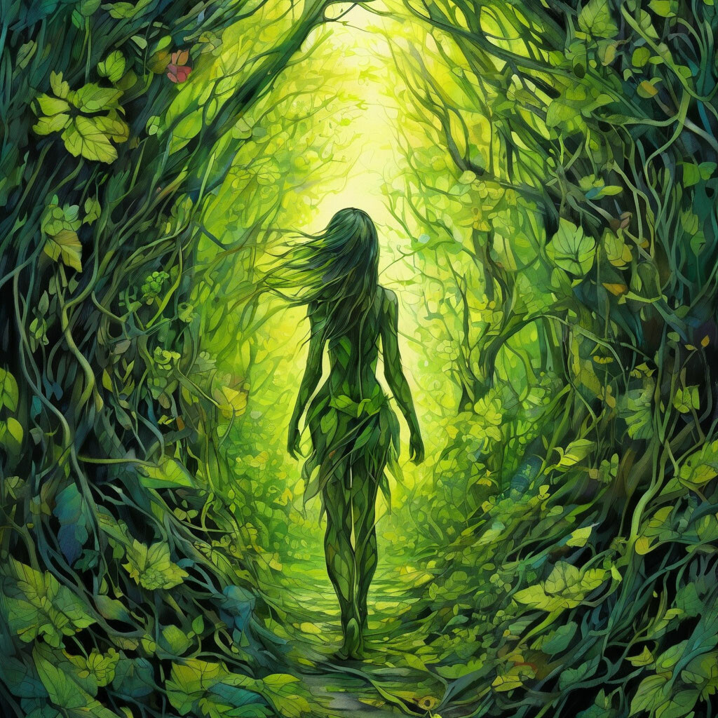 "Forest Dryad A corridor of greenery. Flowers. Branches and trunks ...