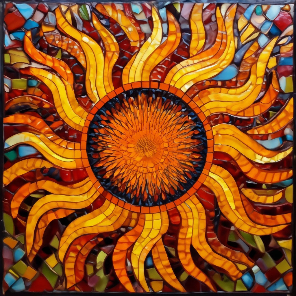 "Glass mosaic sun, sophisticated technique, bright colors" — image ...