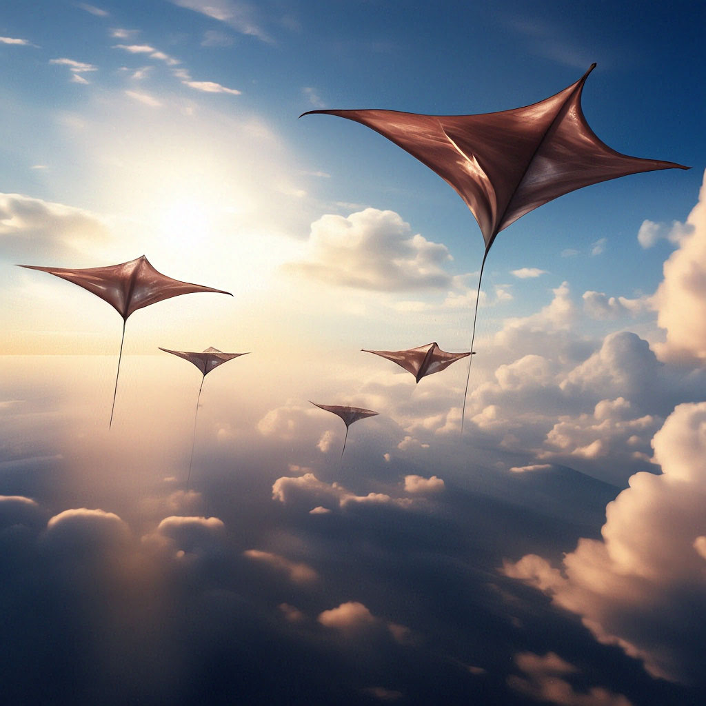 "Stingrays fly in the clouds in the sky" — image created in Shedevrum
