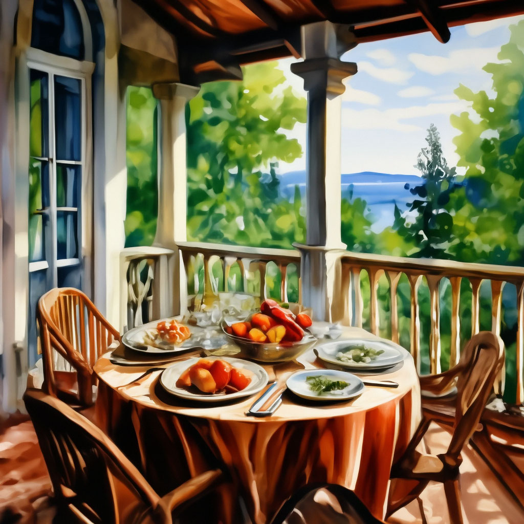 "On the veranda, set a table for lunch, watercolor" — image created in ...