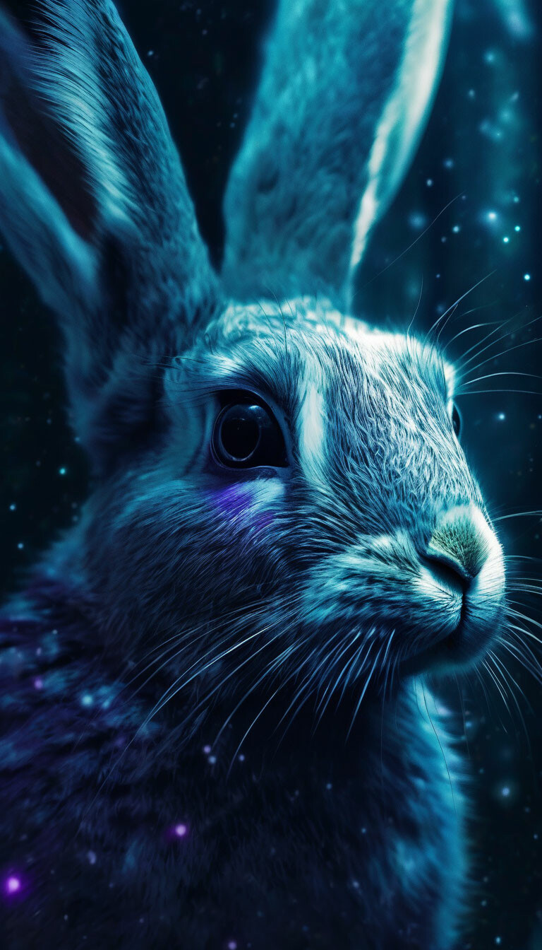 "Double exposure, eyes, rabbit, night, galactic sky violet-indigo-green ...