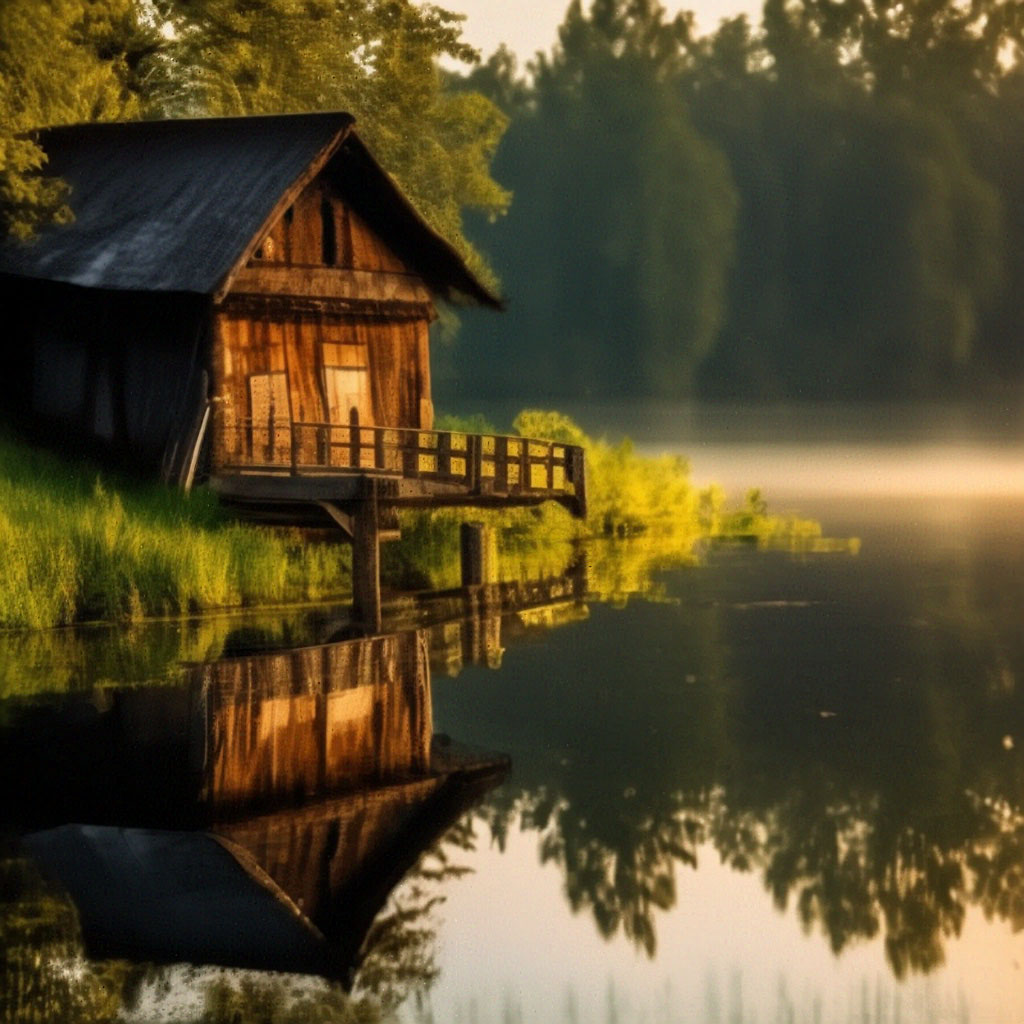 " dawn on the lake,haze,summer in the forest, wooden house, reeds, old ...