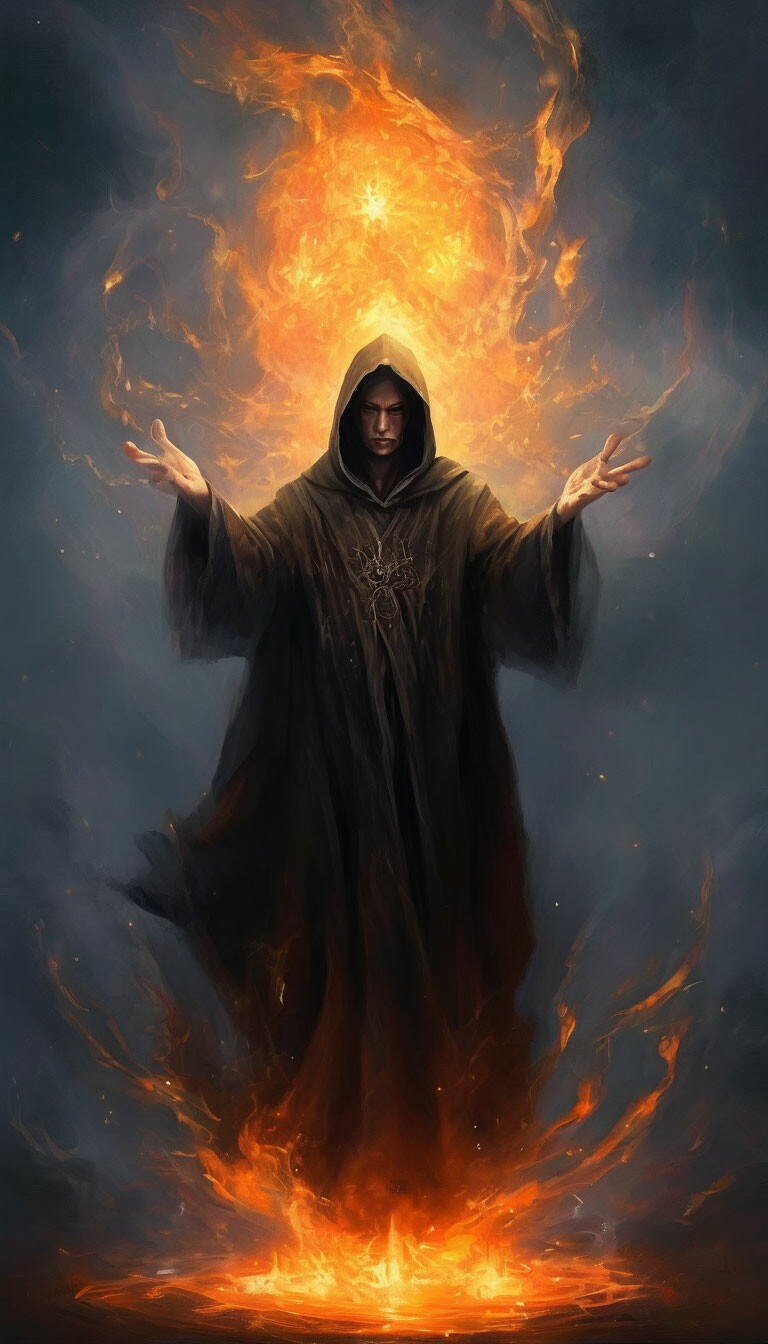 "A full-length magician in a long robe…" — image created in Shedevrum