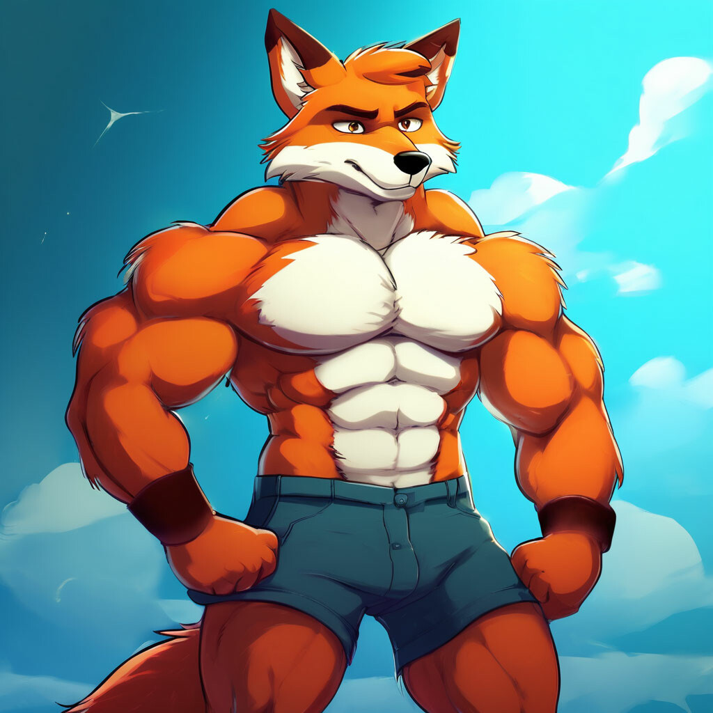 "The muscular fox furry has become a …" — image created in Shedevrum
