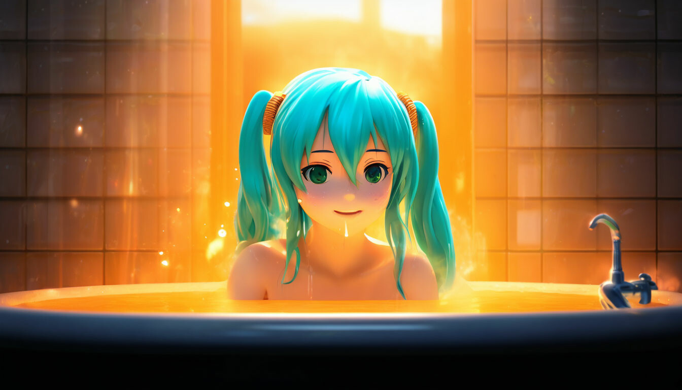 "Hatsune Miku is taking a bath. a subdued gentle orange light. in the ...