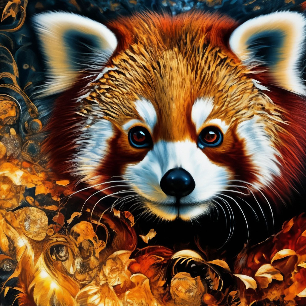 "Painting on the wall, deep,dark background,red panda,golden fractal ...