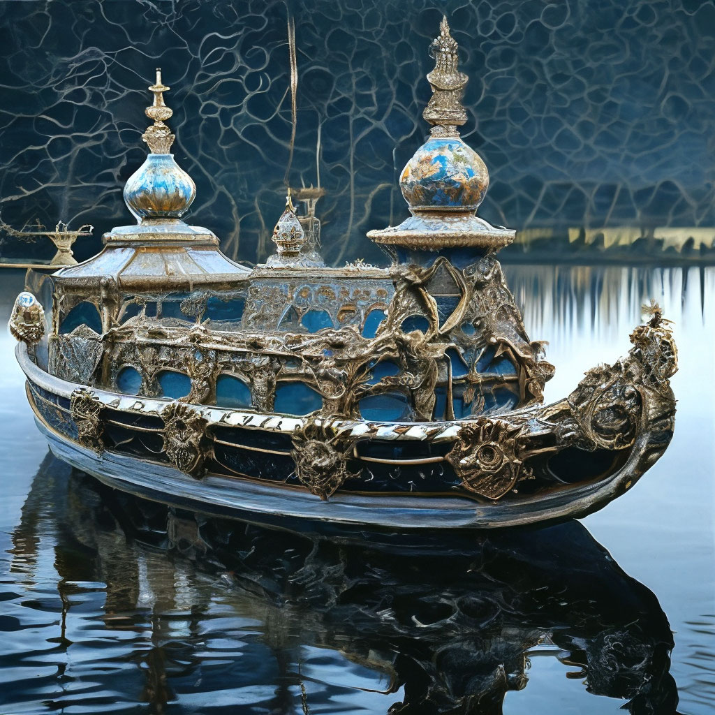 "Ancient Russian rook boat sailing on the river, domes on the shore ...