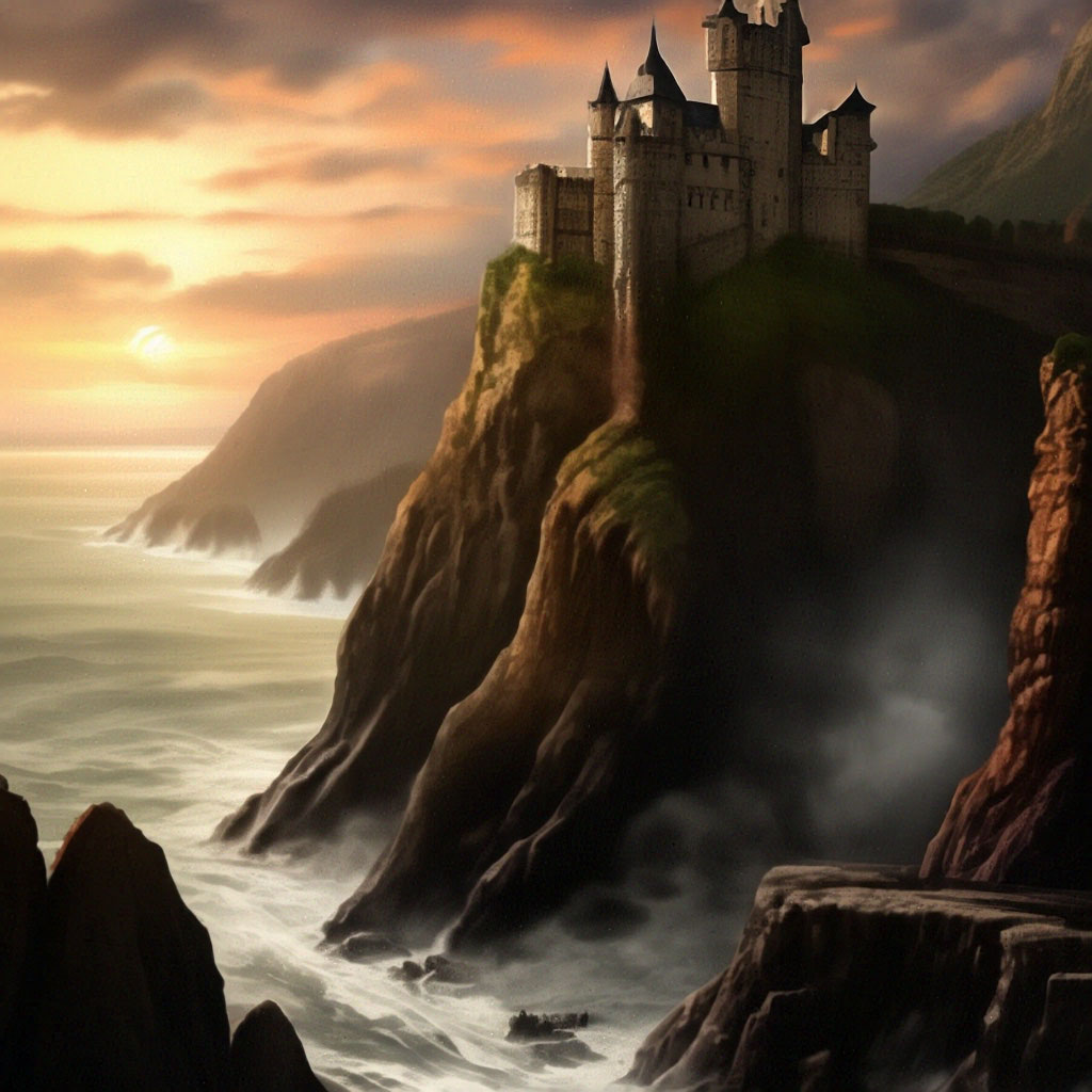 "Dark castles on coastal cliffs" — image created in Shedevrum