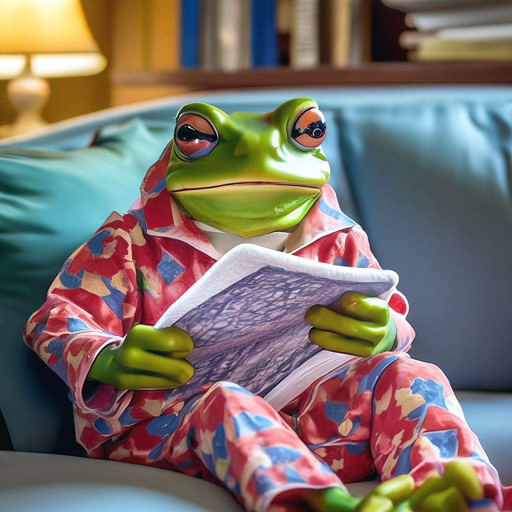 "Crazy Frog toad in pajamas reading a newspaper on the couch" — image ...