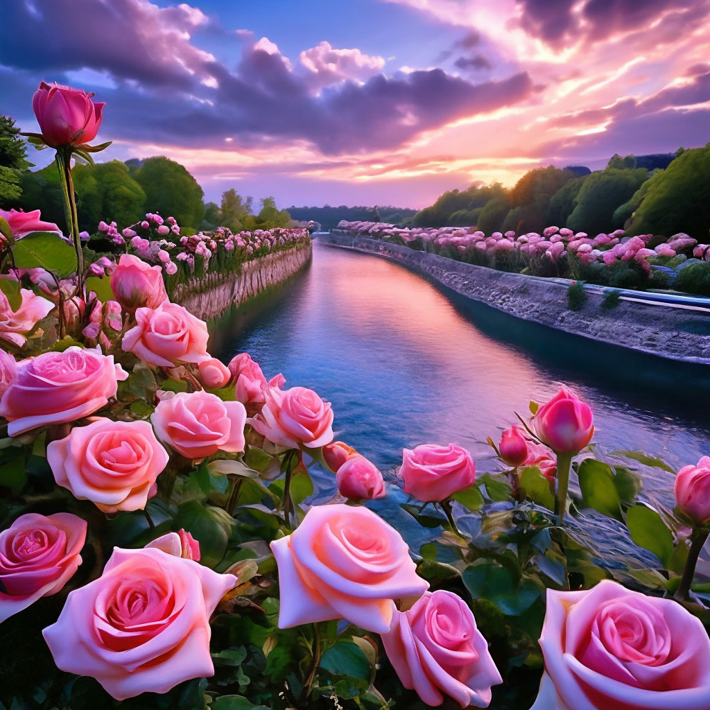 "Pink roses, many roses, river, clouds, fantasy art, gently, with ...