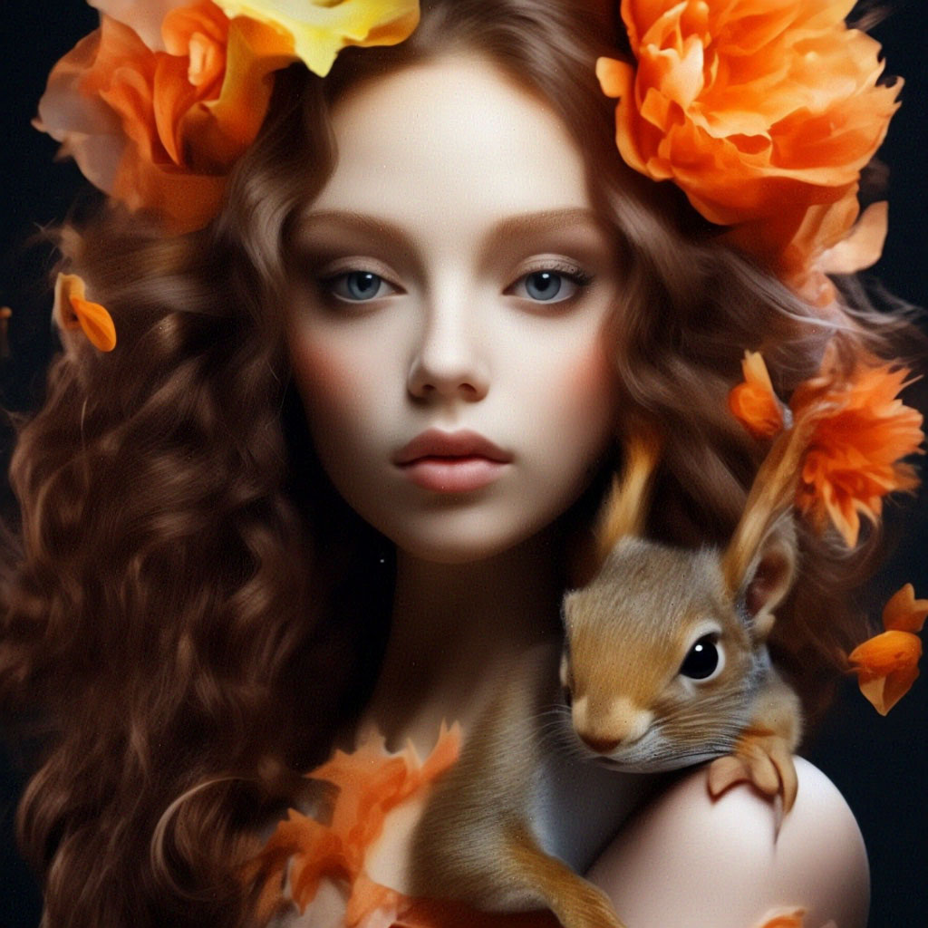"Hyperrealism goddess with squirrel, a beautiful double exposure ...