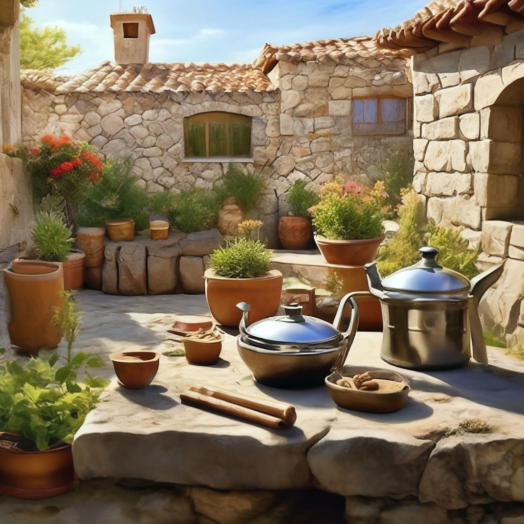 "Fairy tale, fantasy, courtyard, stone stove, wooden countertop ...