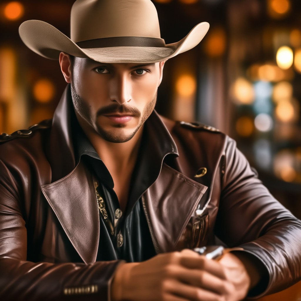 "A very handsome man in a bar, athletic build in a cowboy suit ...