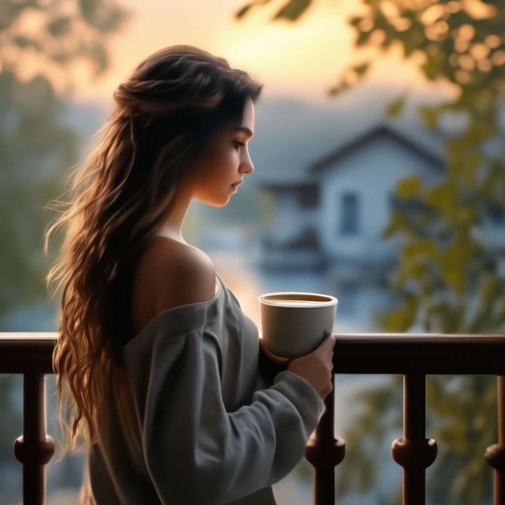 "Good morning. Fantasy girl with a mug on the veranda, back, pencil ...
