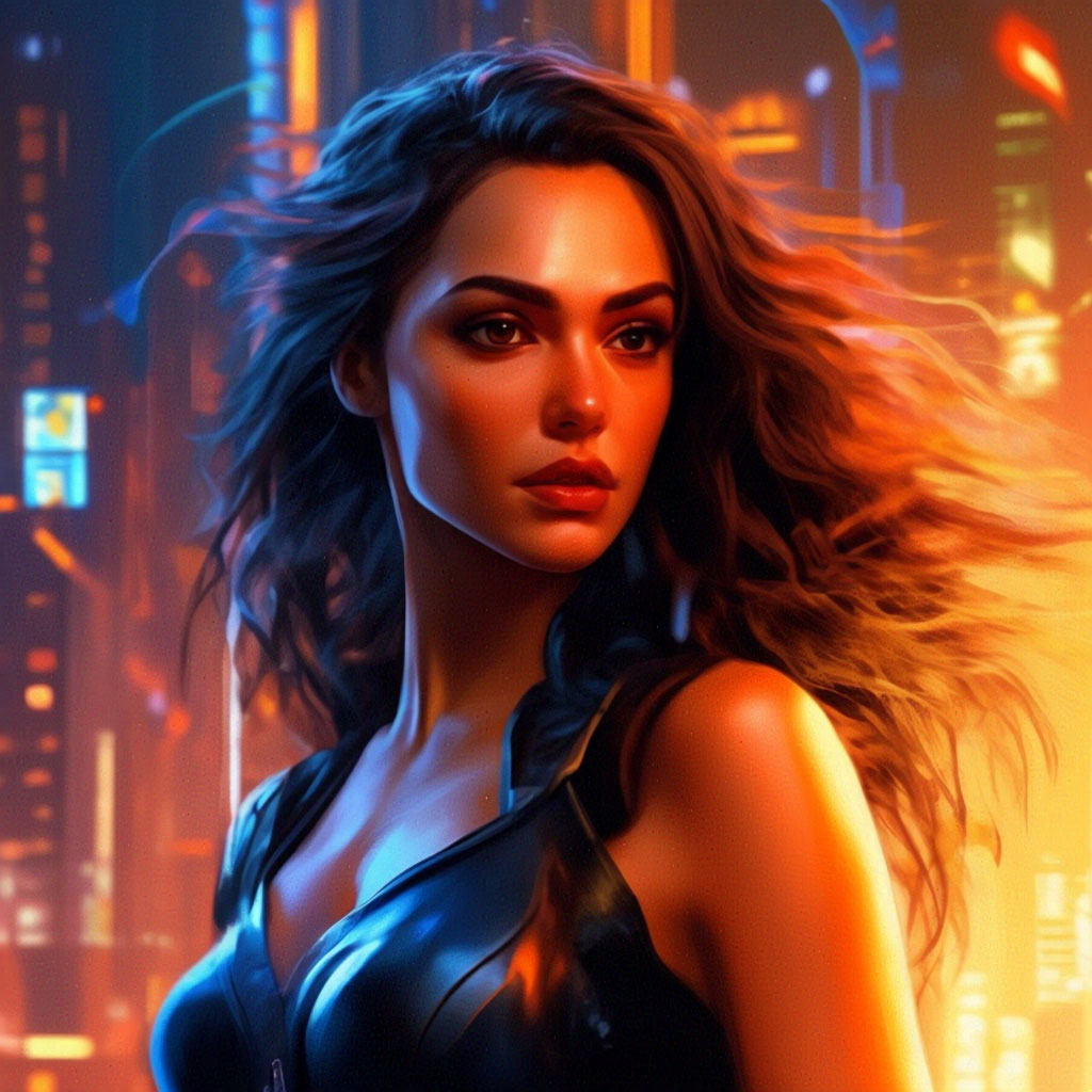 "Glamorous poster portrait of Gal Gadot, stunning hair, illustration in 90’s …" — image created ...