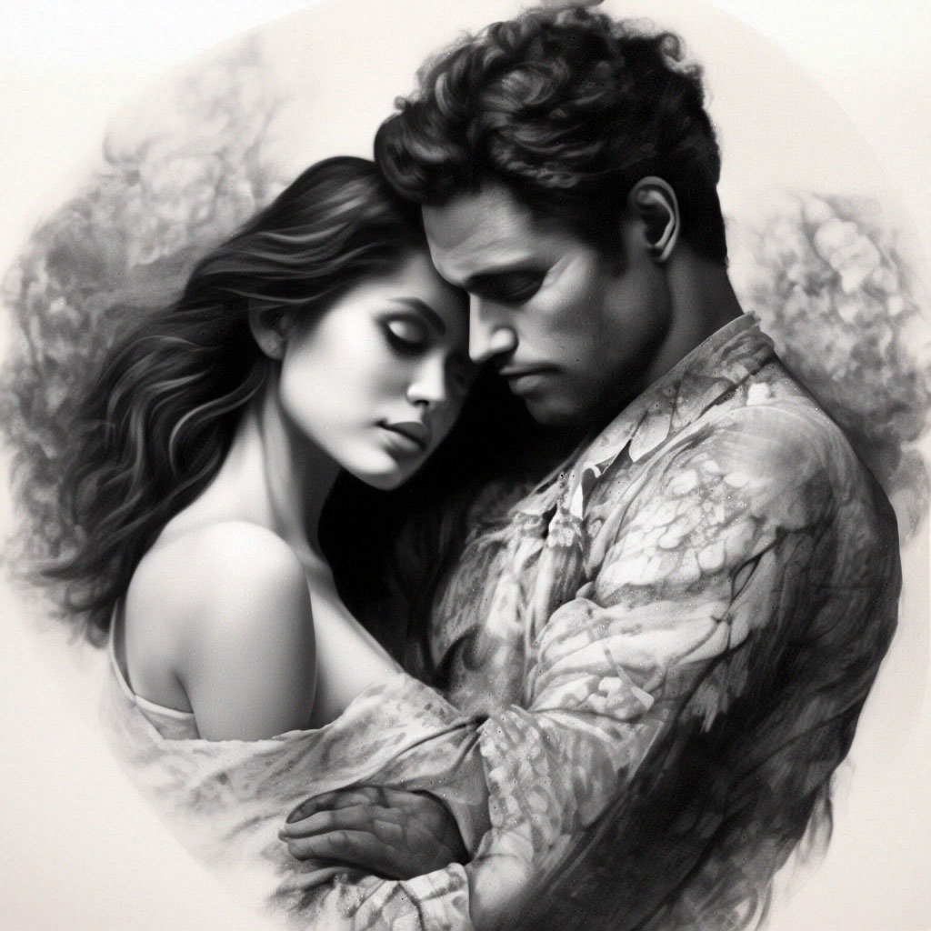 "Pen drawing , the personification of love and devotion, fine lines ...