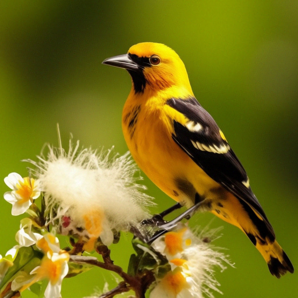 "The European oriole sits on a delicate fluffy flower" — image created ...