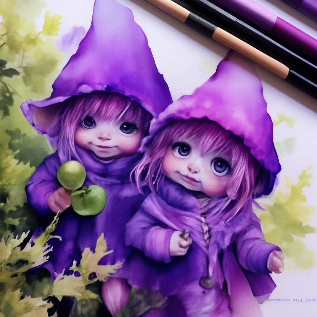 "Watercolor drawing purple little elves ,computer graphics,excellent ...