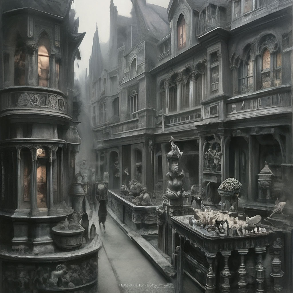 "Gloomy Urban hyperrealism, dark, horror, gothic, colored pencils, high ...