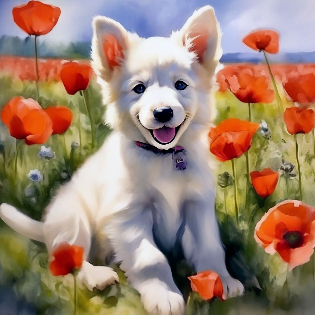 "A small joyful white puppy sits on a poppy field, sunny day, realism ...