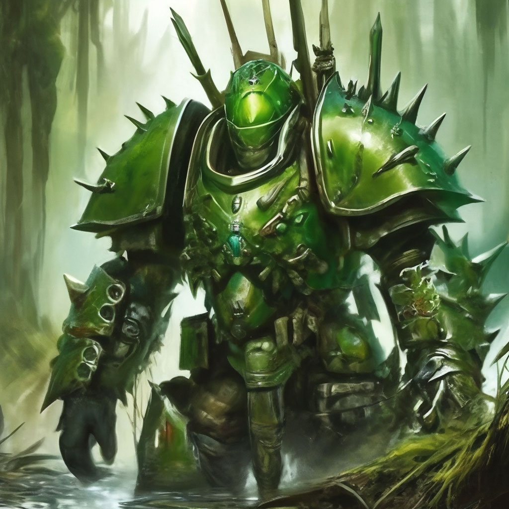 "Warhammer, big green armor, saber spikes, swamp, realism" — image ...