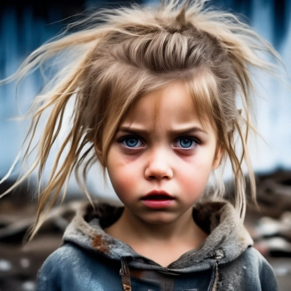 Strange hairstyle of a five-year-old girl, emotions , scared face ...