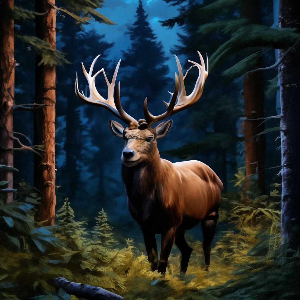 "Night, coniferous forest, bushes, juniper, elk, spruce, pine, cedars ...