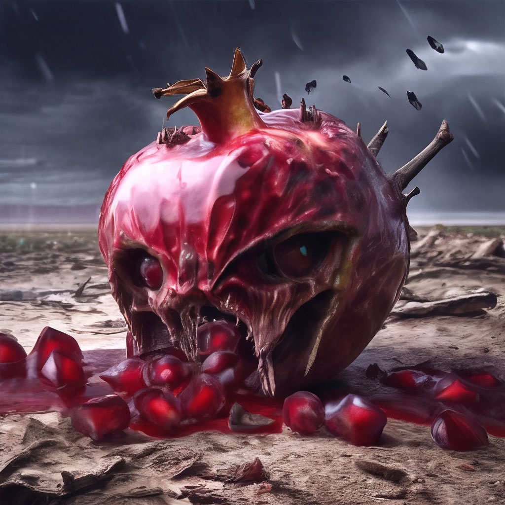 "An evil very evil apple kills a pomegranate" — image created in Shedevrum
