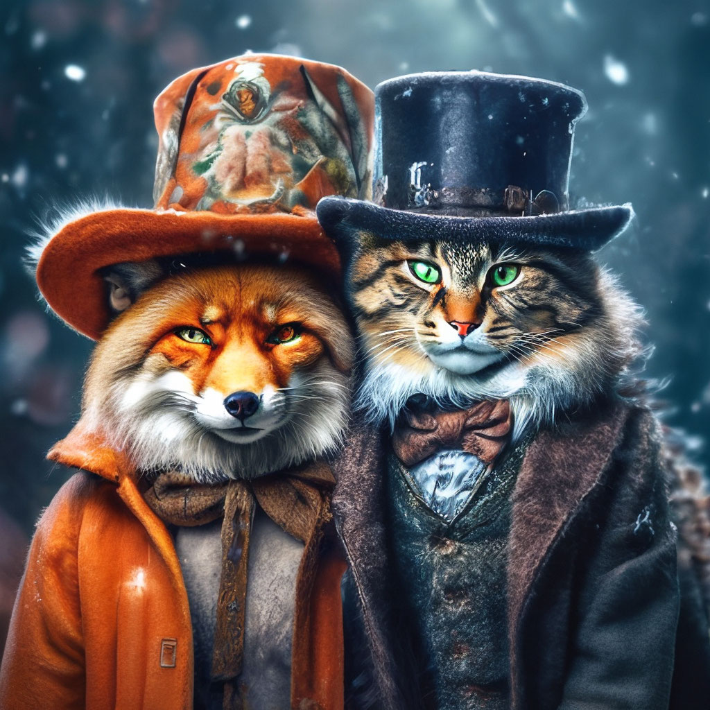 "Hyperdetalization.Octane fairy tales of a cat and a fox, under the arm ...